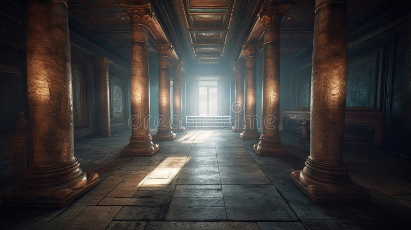 A Dimly Lit Hallway with Columns and a Bench in the Center Stock ...