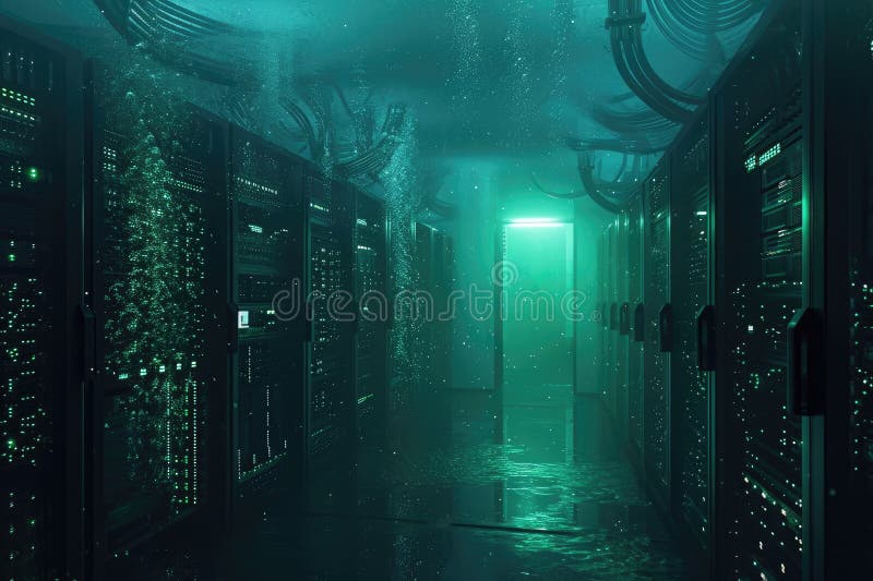A Dimly Lit Hallway is Illuminated by Numerous Green Lights, a Server ...