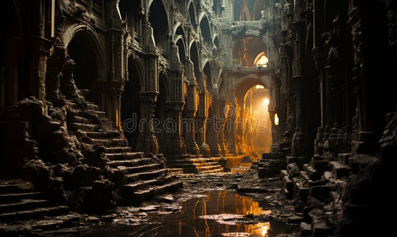 Dimly Lit Hallway with Light at End Stock Photo - Image of corridor ...