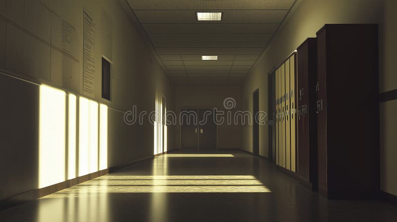 Dimly Lit Hallway with Lockers Lining the Right Wall Stock Illustration ...