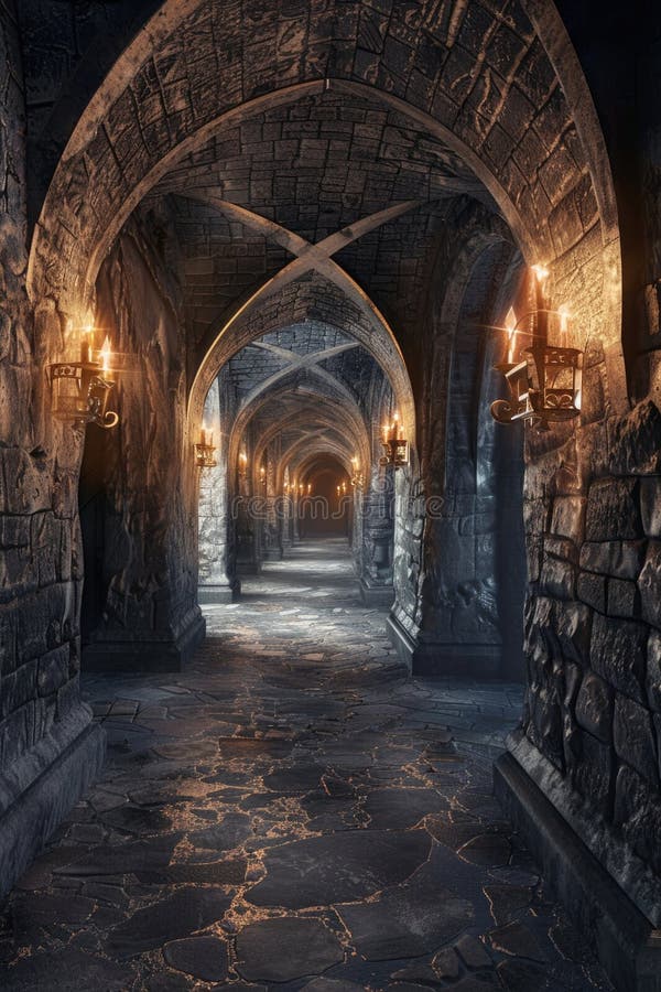 A Dimly Lit Hallway in a Medieval-style Castle with Stone Walls Stock ...