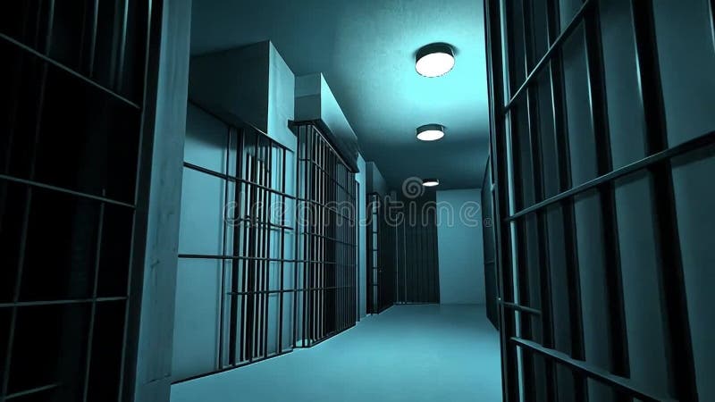 A Dimly Lit Hallway with Prison Cells Lining Both Sides, Illuminated by ...