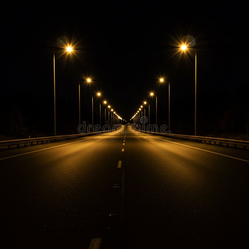 Dimly Lit Highway at Night, with Multiple Streetlights Lining Both ...