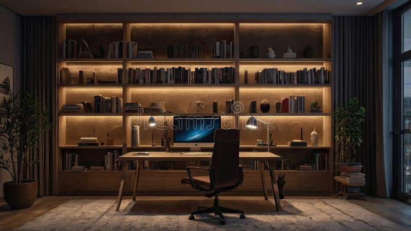 A Dimly Lit Home Office or Study, Designed for Both Relaxation and Work ...