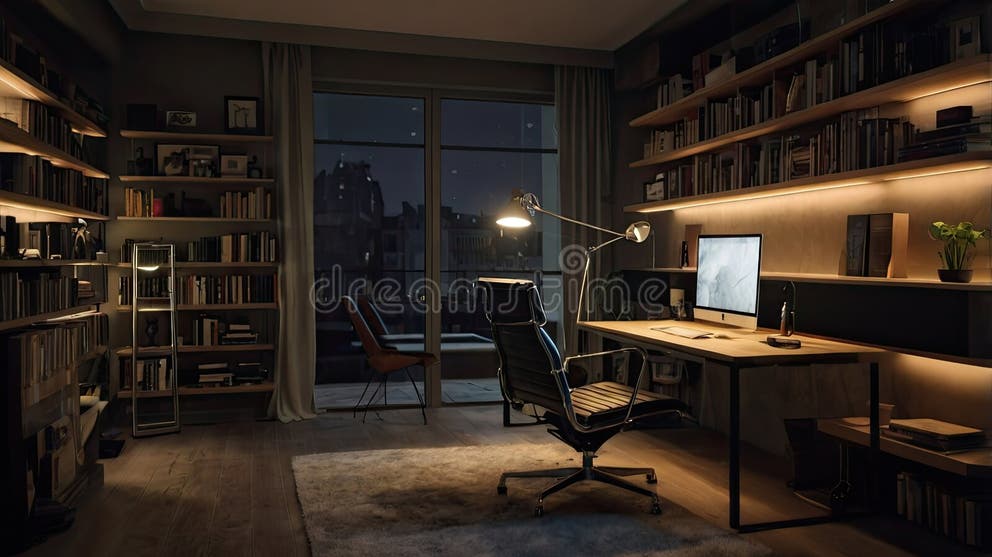 A Dimly Lit Home Office or Study, Designed for Both Relaxation and Work ...