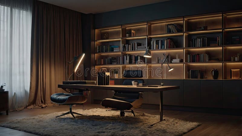 A Dimly Lit Home Office or Study, Designed for Both Relaxation and Work ...