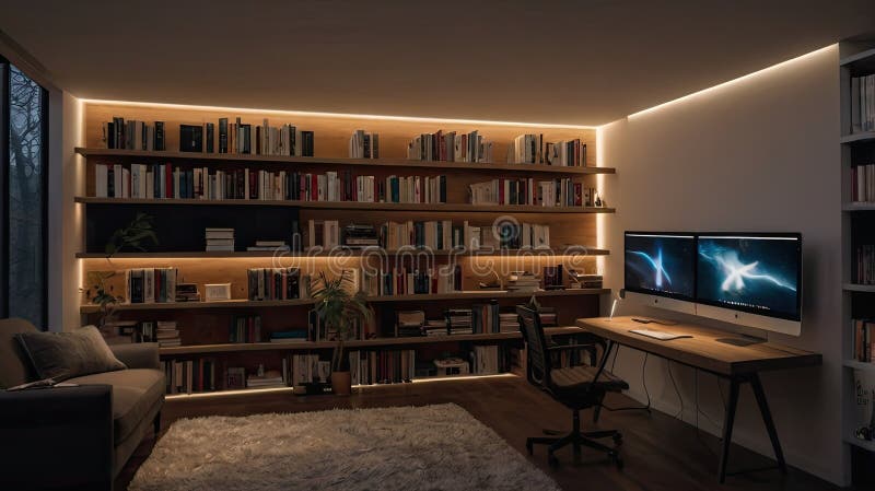 A Dimly Lit Home Office or Study, Designed for Both Relaxation and Work ...