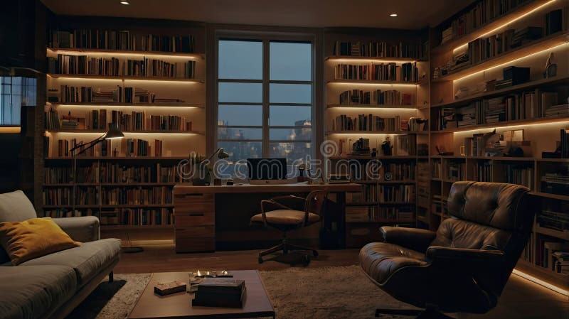 A Dimly Lit Home Office or Study, Designed for Both Relaxation and Work ...