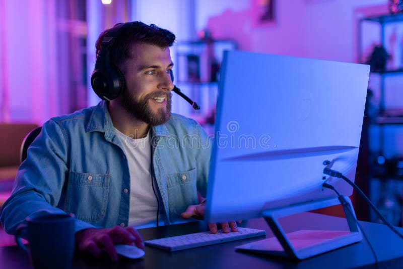 Gamer Calmly Using Computer at Night at Home Stock Image - Image of ...