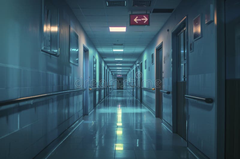 Dimly Lit Hospital Corridor with Emergency Exit Sign at Night Stock ...