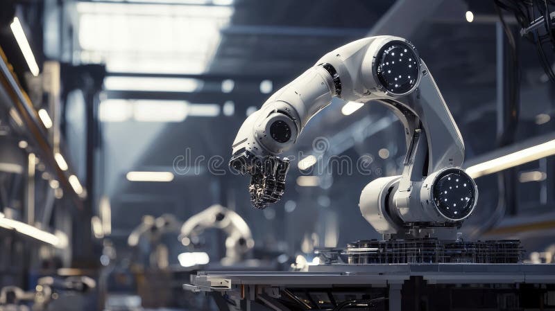 Advanced Robotic Arm in a Futuristic Work Setting Stock Illustration ...