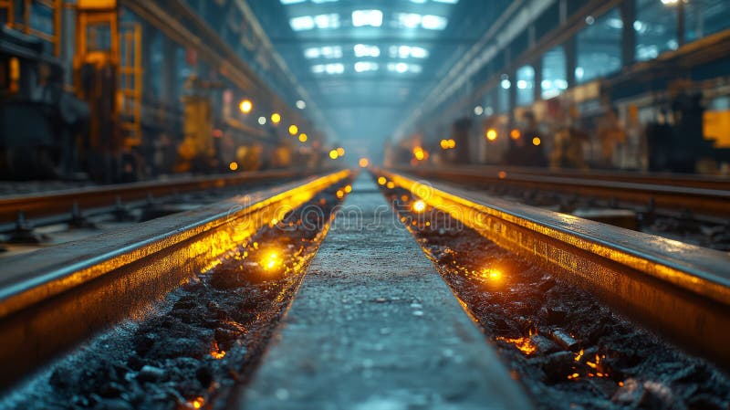 Dimly Lit Industrial Railway Inside a Large Factory. Stock Image ...