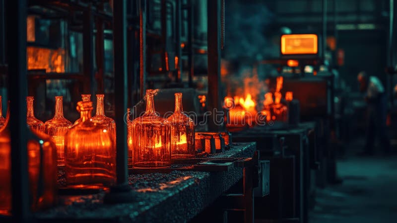A Dimly Lit Industrial Scene with Glowing Glassware and Steam ...