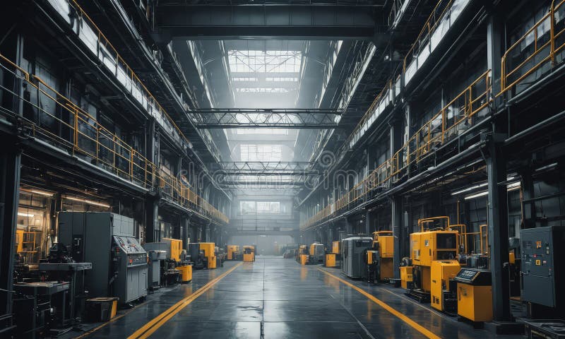 Dimly Lit Industrial Warehouse Features Rows Machinery and Equipment ...