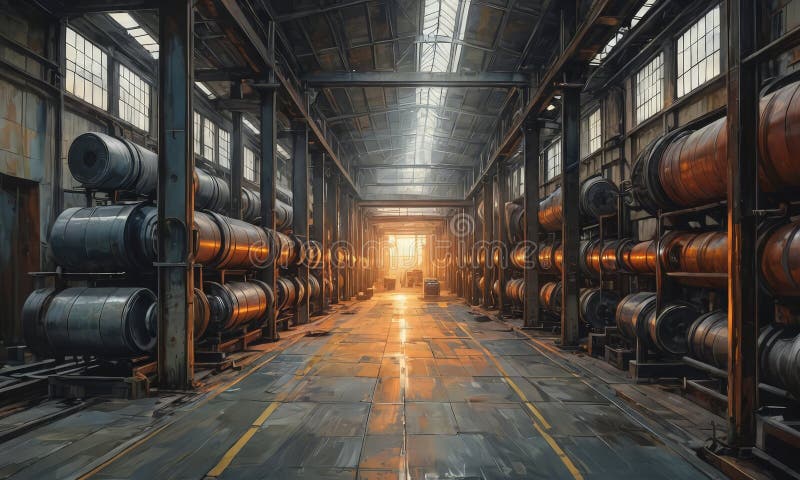 Dimly Lit Industrial Warehouse Features Rows Metal Pipes and Tanks ...