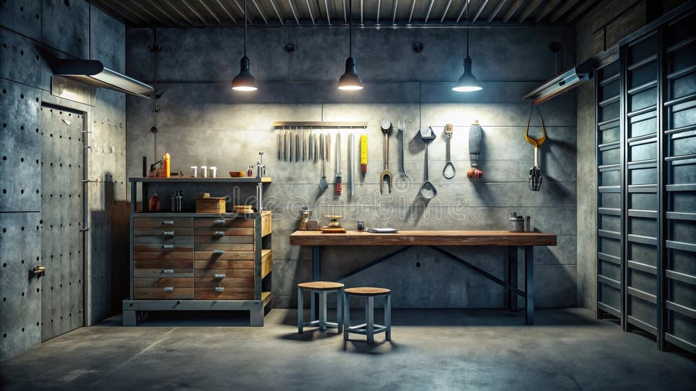 A Dimly Lit Industrial Workshop Featuring a Rustic Wooden Workbench, Metal Stools, and Various ...