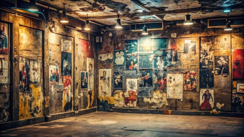 A Dimly Lit Interior Space with Aged Walls Adorned with an Eclectic ...