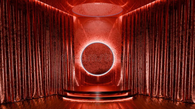 Dimly Lit Interior Space with Red Velvet Curtains on Either Side of a ...