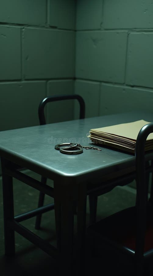 Dimly Lit Interrogation Room with Handcuffs on a Metallic Table Stock ...