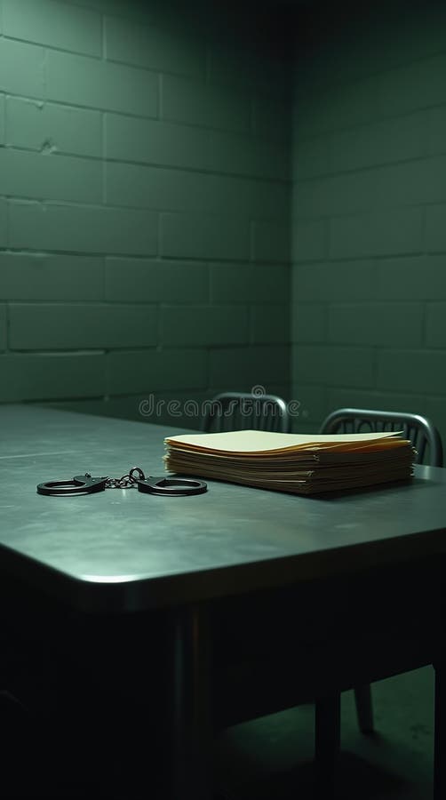 Dimly Lit Interrogation Room with Handcuffs and Stacked Folders on ...