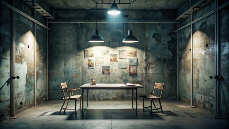 A Dimly Lit Interrogation Room with Rustic Concrete Walls, Featuring a ...