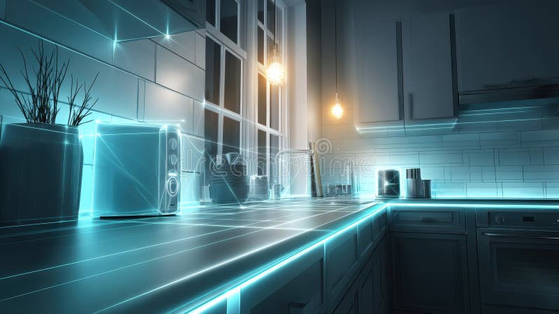 Connected Home Devices Illuminate a Modern Kitchen at Night with a ...