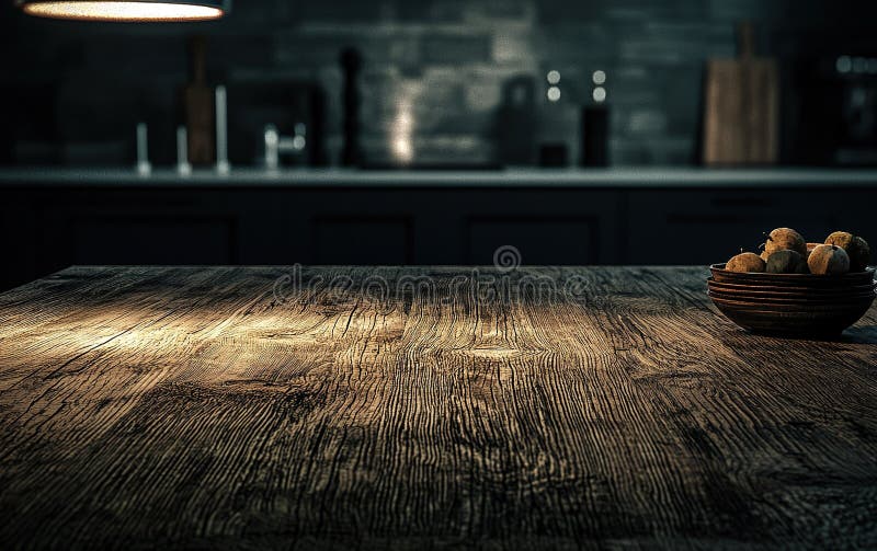 Dimly Lit Kitchen with Wooden Table Featuring a Bowl of Nuts during ...