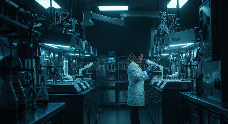 Dimly Lit Laboratory Featuring a Person in a White Lab Coat Using a ...