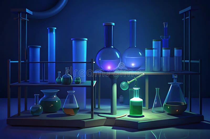 A Dimly Lit Laboratory Scene Featuring Various Glass Beakers and Flasks ...