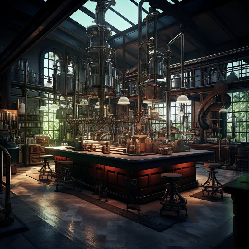 Grungy Laboratory Interior with Work Tables, Equipment, and Windows ...