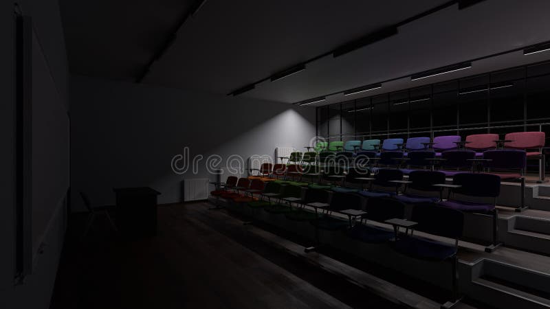 Dimly Lit Lecture Hall with Multi Colored Desks Stock Illustration ...