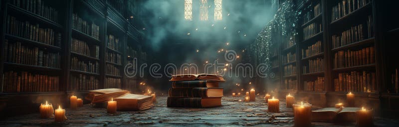 Enchanting Candlelit Library Filled with Ancient Leather-bound Books ...