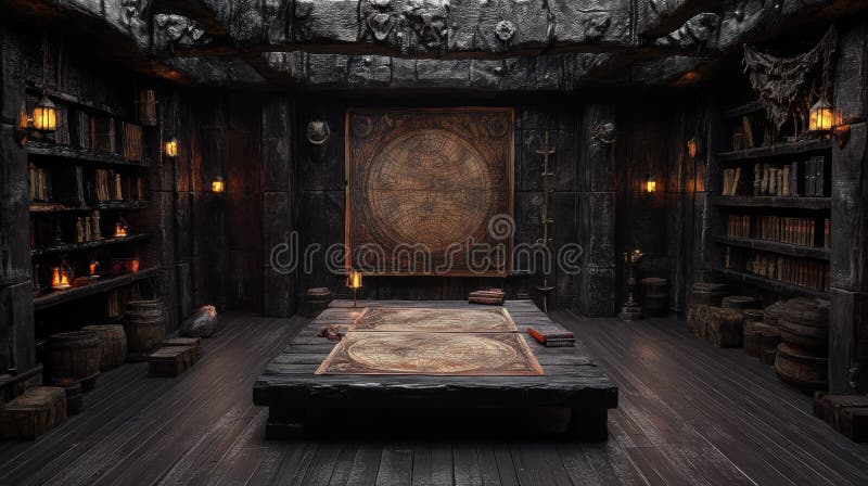 A Dimly Lit Library Featuring Ancient Maps on a Large Table and Wall ...