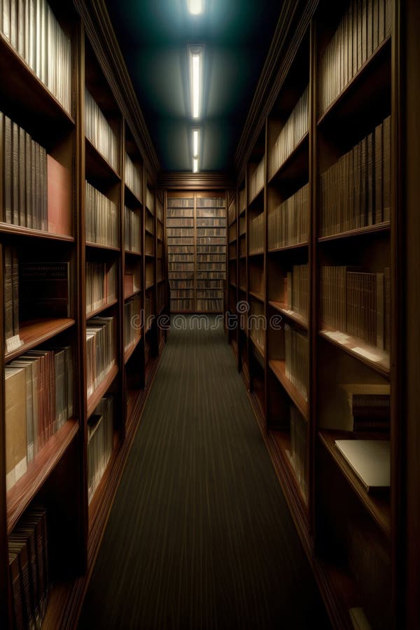 A Dimly Lit Library with Bookshelves and a Chandelier. Generative AI ...