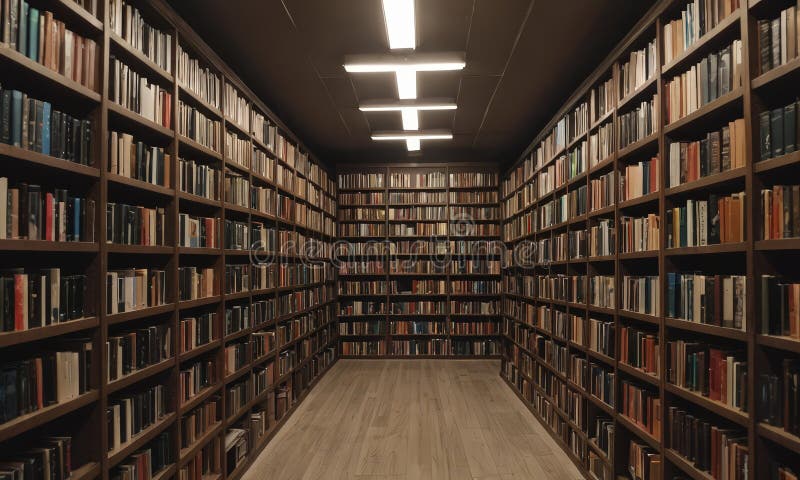 Dimly Lit Library Hallway Features Rows Bookshelves Filled with Books ...