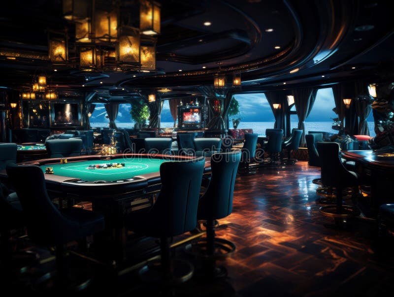 A Dimly Lit, Luxurious Gaming Room, Possibly on a Ship, with Empty ...