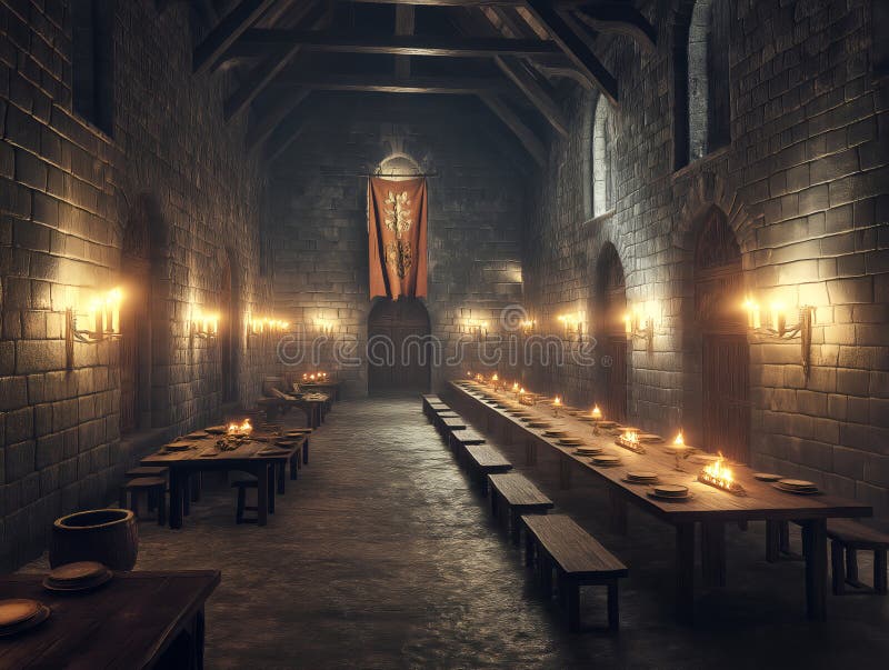 Dimly Lit Medieval Dining Hall with Long Table and Benches Stock ...