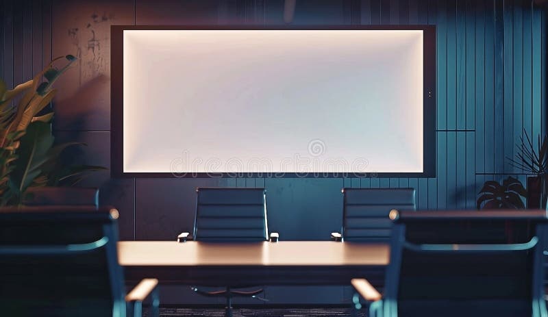 Dimly Lit Meeting Room with Blank Projector Screen and Blue Walls Stock ...