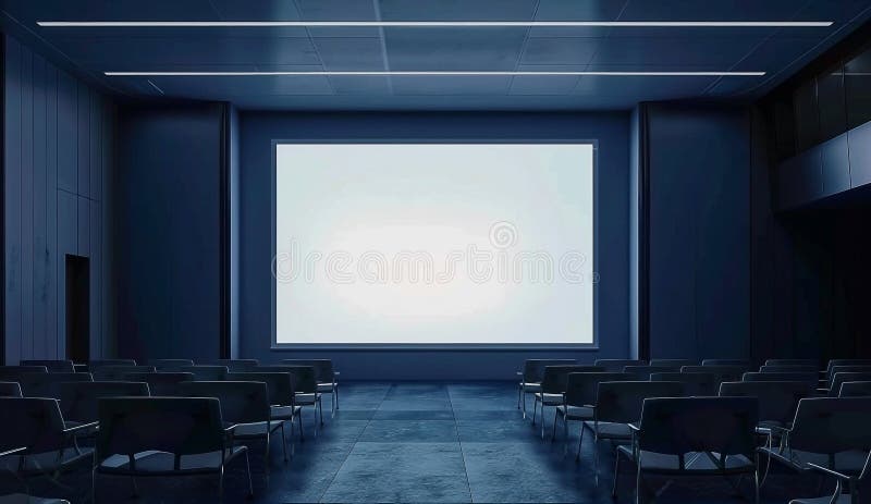 Dimly Lit Meeting Room with Blank Projector Screen and Blue Walls Stock ...