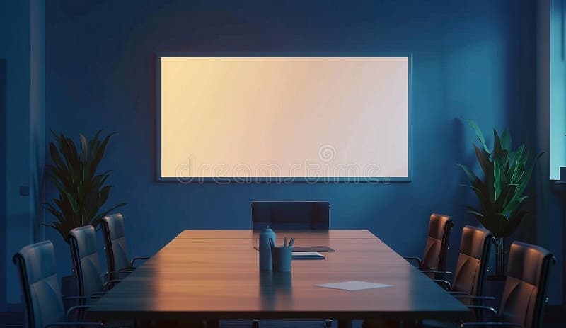 Dimly Lit Meeting Room with Blank Projector Screen and Blue Walls Stock ...