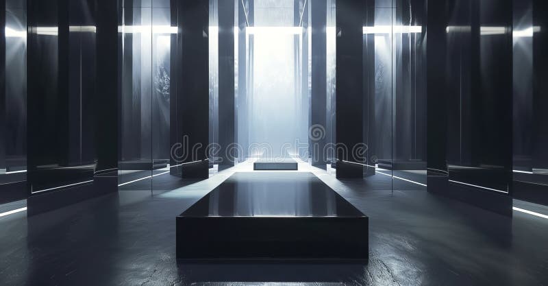 A Dimly Lit, Minimalist Space Features a Long, Reflective Black ...