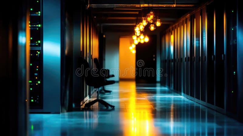Dimly Lit Modern Data Center Corridor with Illuminated Servers and ...