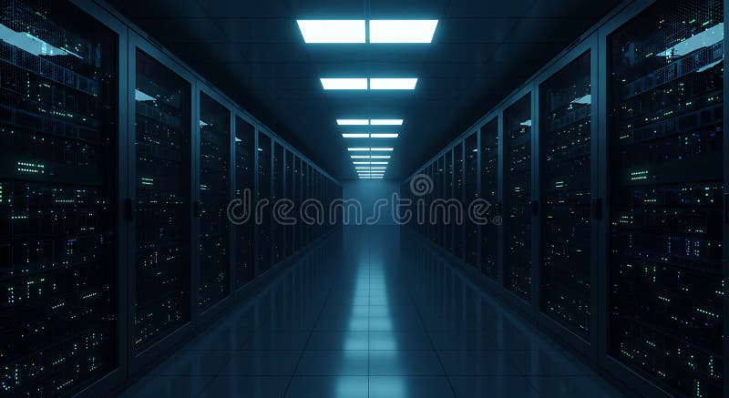 A Dimly Lit, Modern Data Center Hallway Features Rows of Server Racks ...
