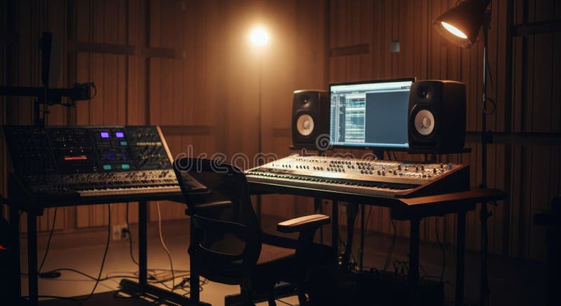 Dimly Lit Music Studio with Modern Audio Equipment and Mixing Consoles ...