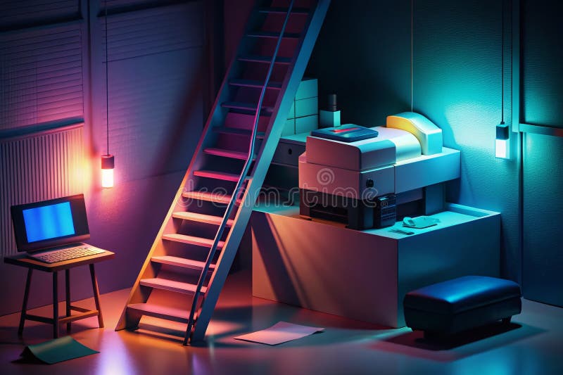 Dimly Lit Office Aluminum Stepladder and Receipt Printer Detailing ...