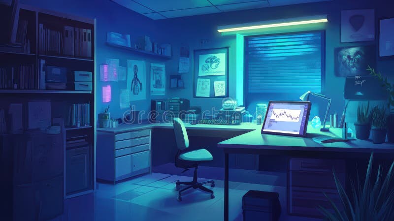 Dimly Lit Office with Colorful Neon Accents and Organized Workspace ...
