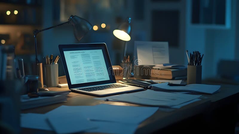 Dimly Lit Office Desk with Open Laptop and Stationery in Evening ...