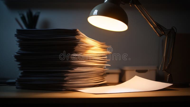 Dimly Lit Office Desk with Pile of Papers and Lamp Illuminating ...