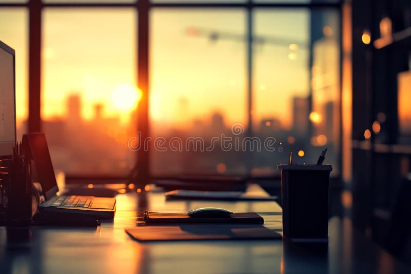 Dimly Lit Office with Empty Desk and Computer. Neural Network AI ...
