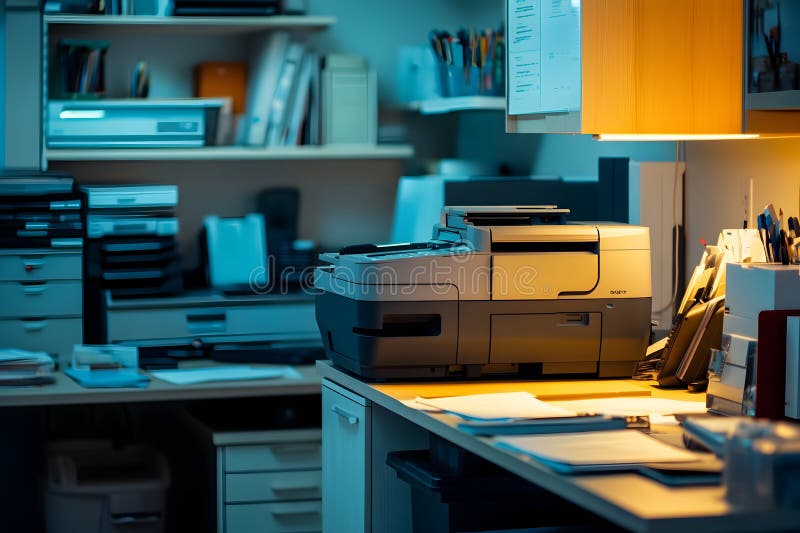 Dimly Lit Office with Printer on Desk Surrounded by Papers and Office ...